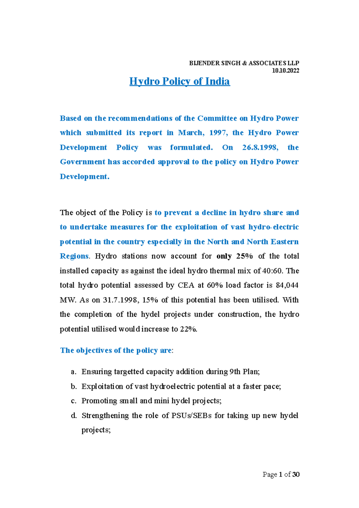 Hydrogen Policy of India - BIJENDER SINGH & ASSOCIATES LLP 10. Hydro ...