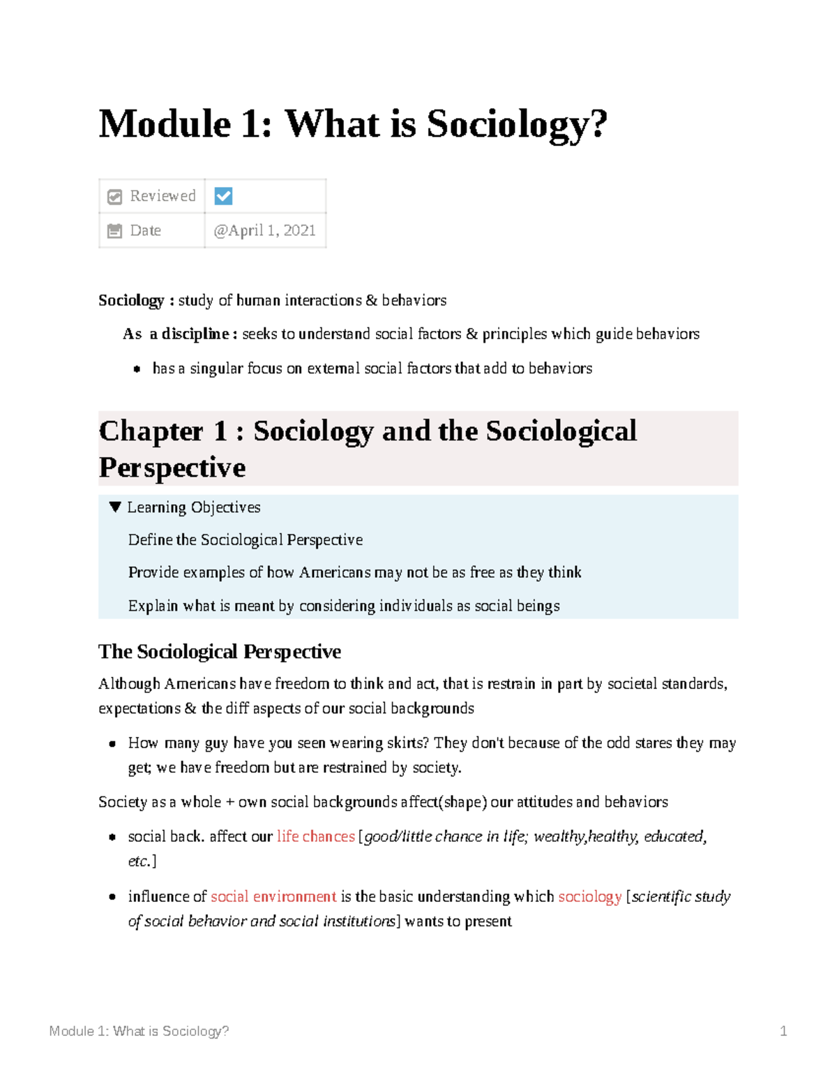 Module 1 What is Sociology - Module 1: What is Sociology? Reviewed Date Sociology : study of ...