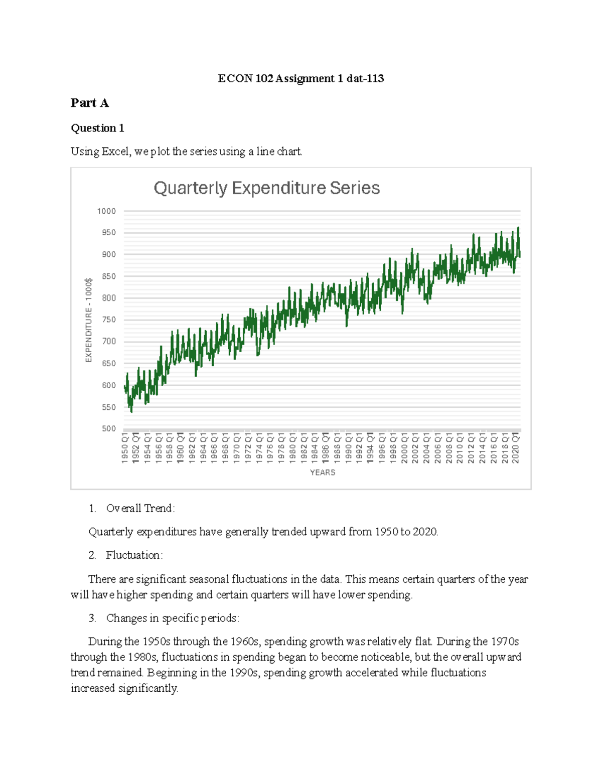 ECON 102 A1 - assignment 1 - ECON 102 Assignment 1 dat- 113 Part A Question 1 Using Excel, we ...
