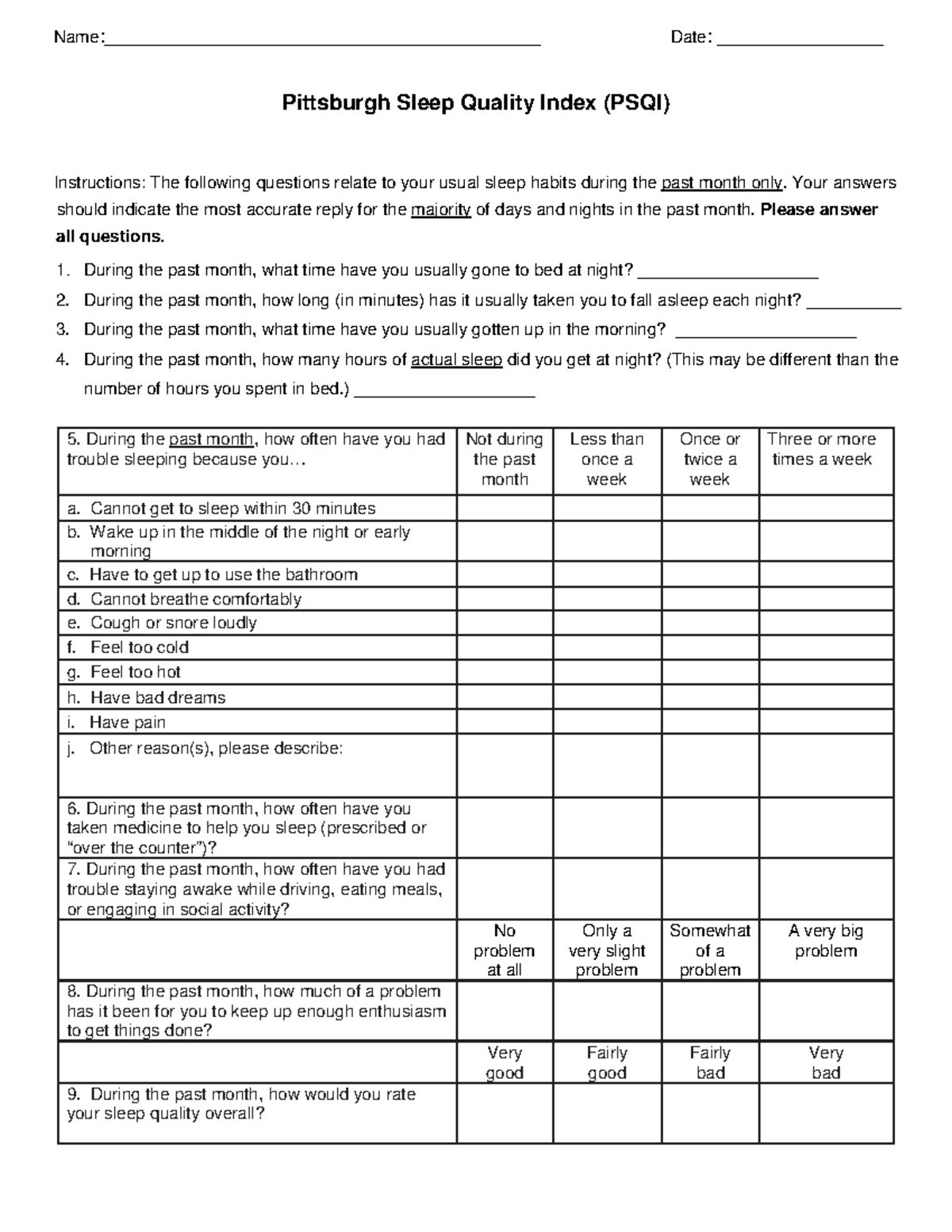 Assessment, pittsburgh psqi - Pittsburgh Sleep Quality Index (PSQI ...