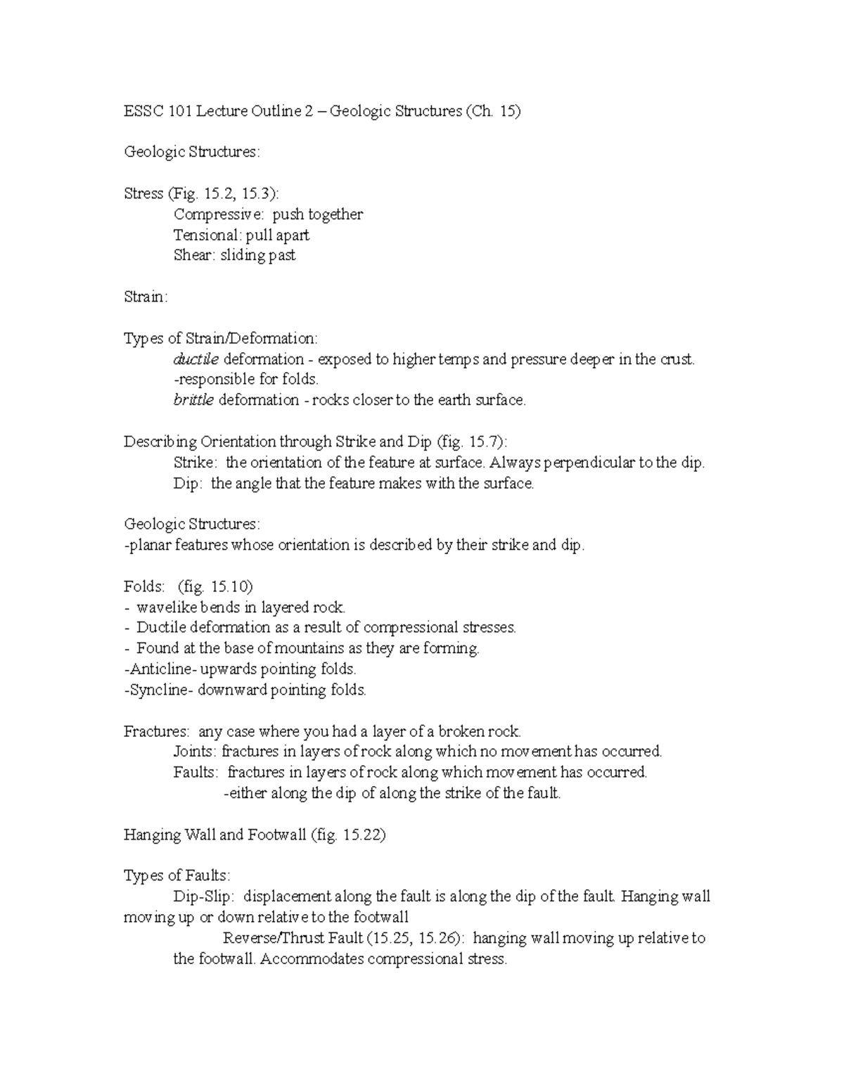 Lecture Outline 2 Structures - ESSC 101 Lecture Outline 2 – Geologic ...