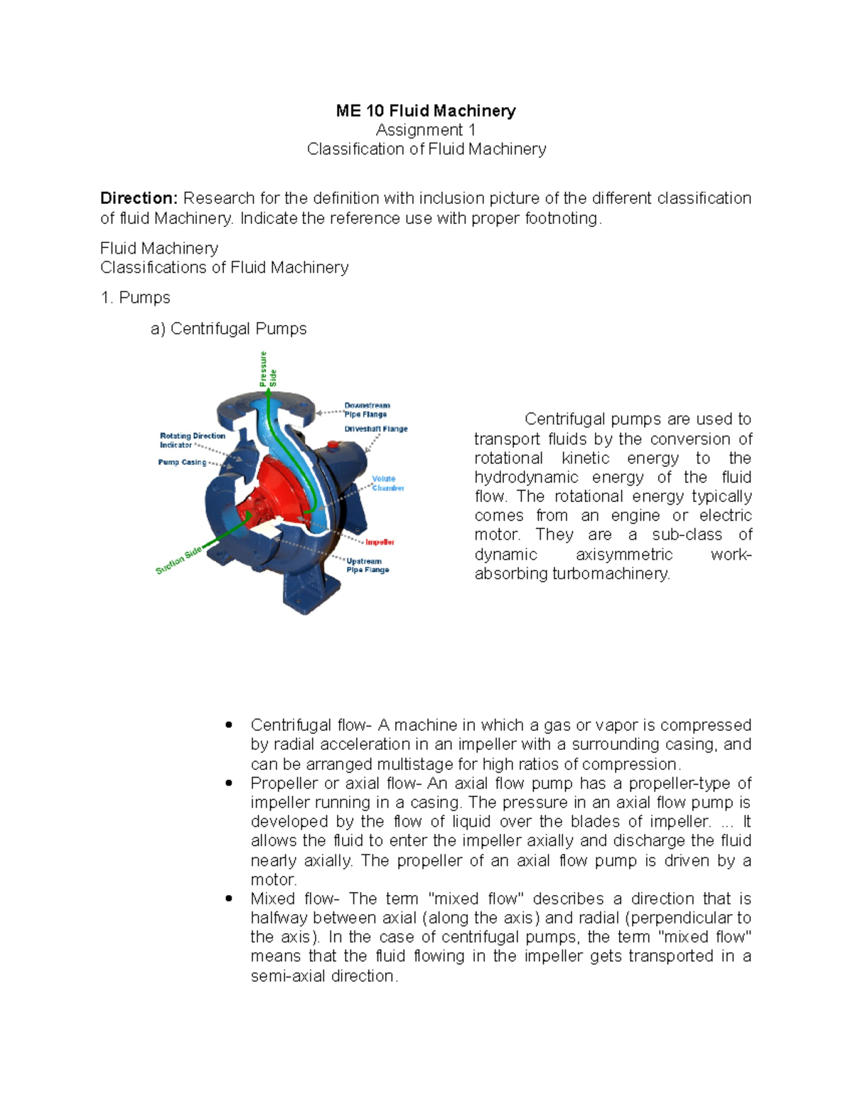 [ME10] Assignment 1 - ME 10 Fluid Machinery Assignment 1 Classification ...