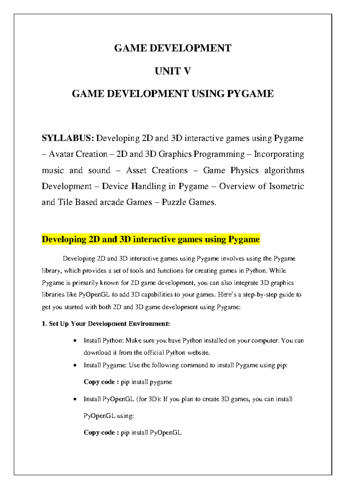 Game Development Unit 5 Game Development Unit V Game Development Using Pygame Syllabus