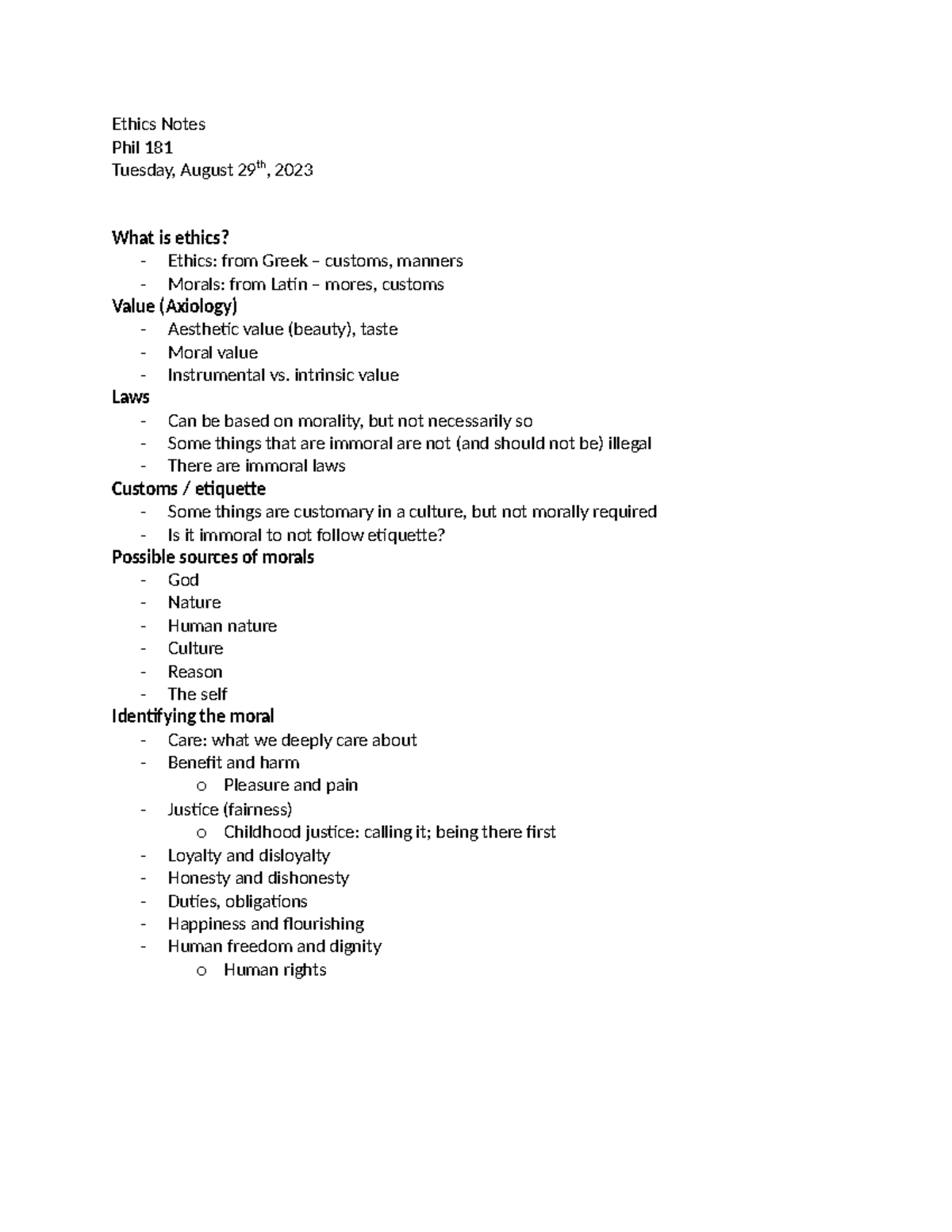 Ethics Notes Week 1 - Ethics Notes Phil 181 Tuesday, August 29th, 2023 ...