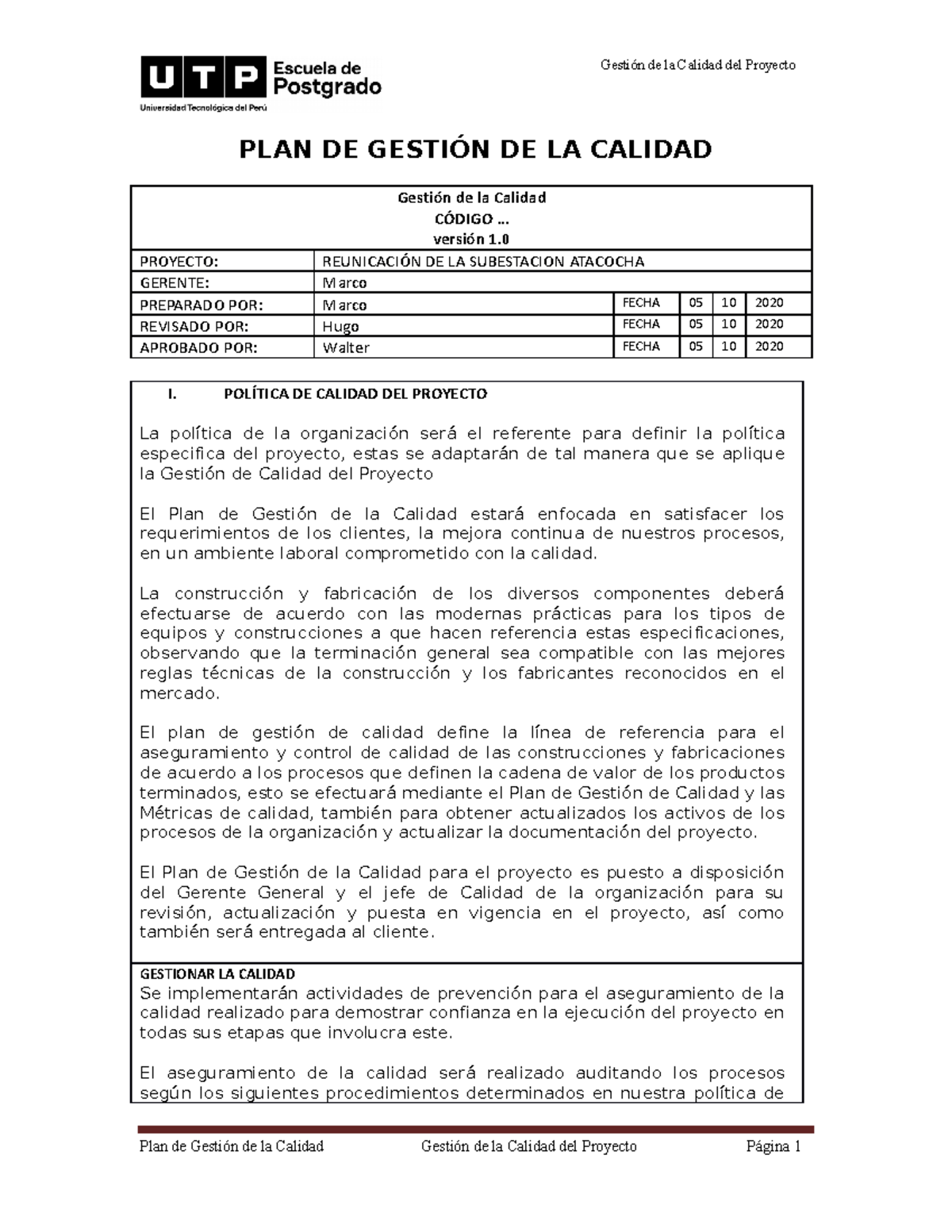 Ejemplo Plan de Gestion de la Calidad del Proyecto MACO - PLAN DE GESTIÓN DE LA CALIDAD Gestión ...