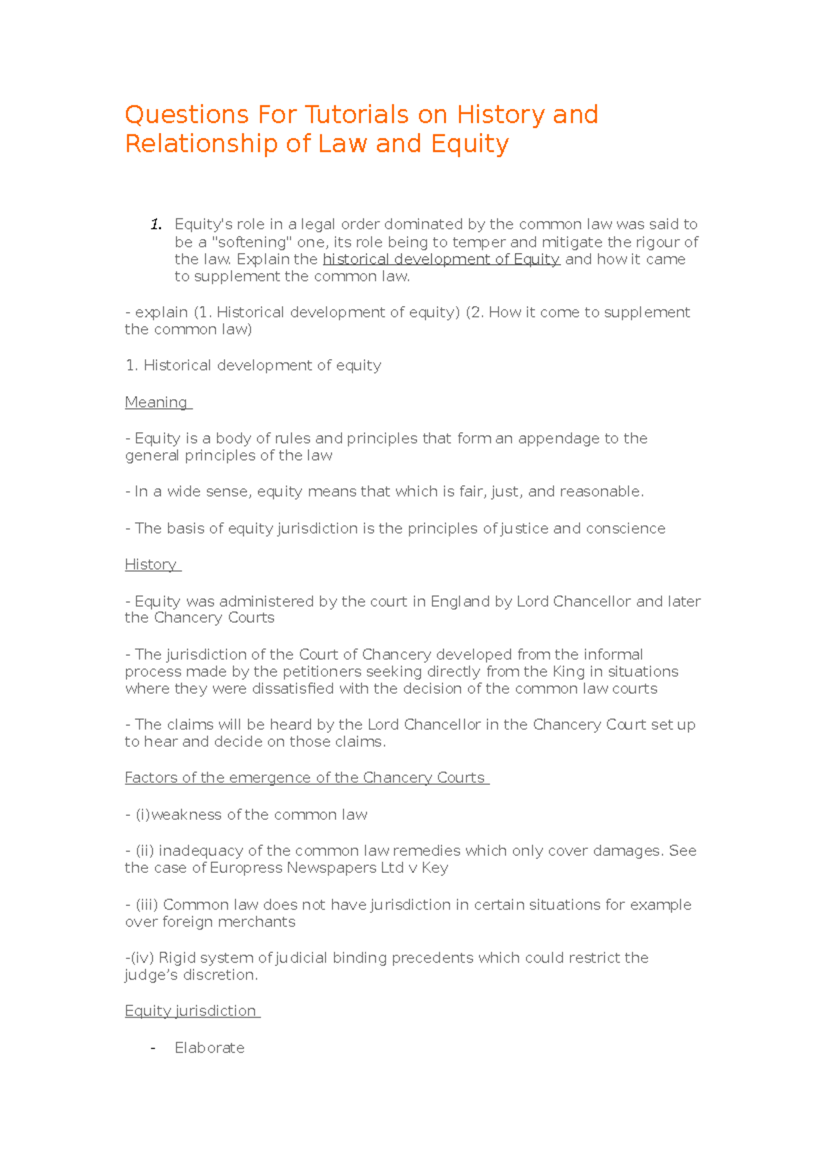 1.01 Questions For Tutorials on History and Relationship of Law and ...