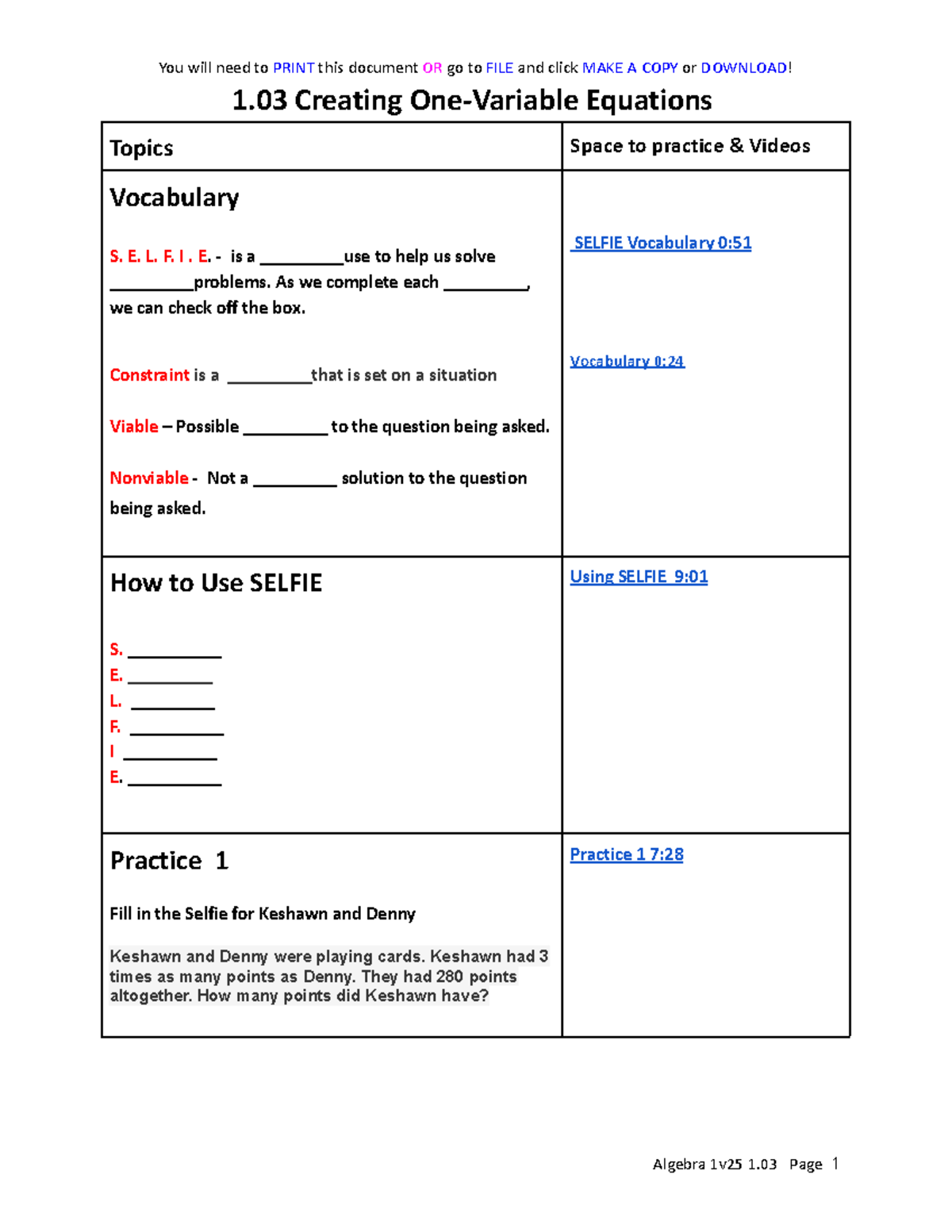 1.03 Creating One-Variable Equations-FLEX v25 - You will need to PRINT ...