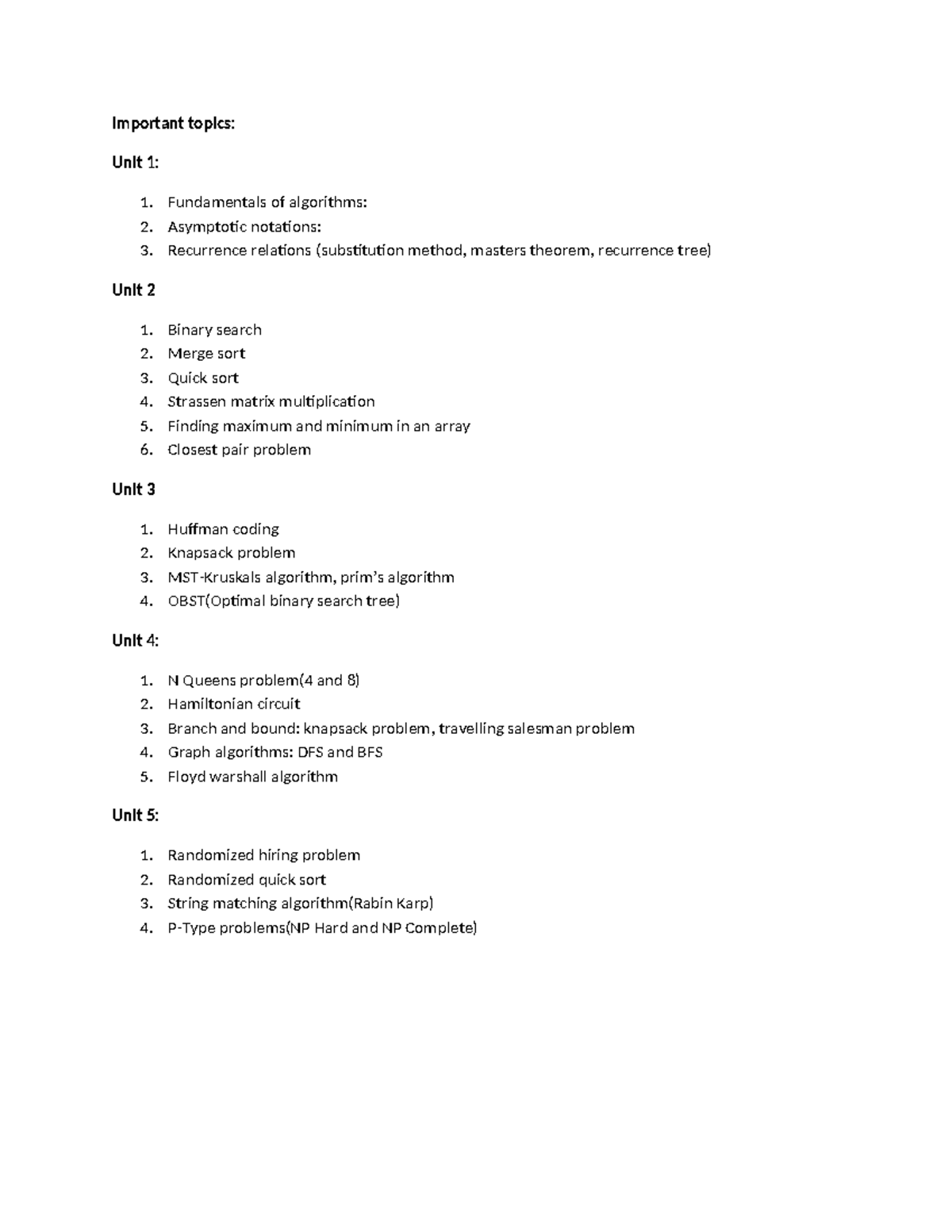 Important topics DAA - Important topics: Unit 1: 1. Fundamentals of algorithms: 2. Asymptotic ...