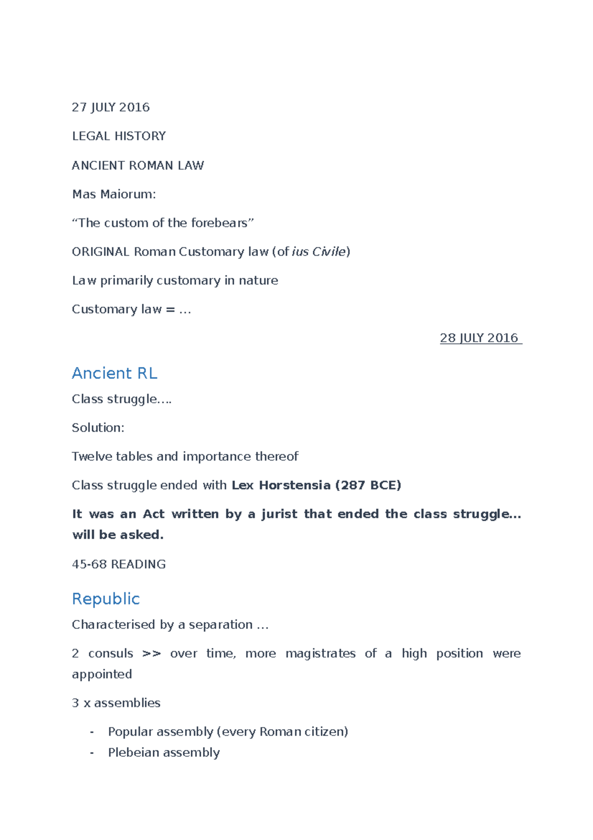 Intro 171 S2 - lecture notes - 27 JULY 2016 LEGAL HISTORY ANCIENT ROMAN ...