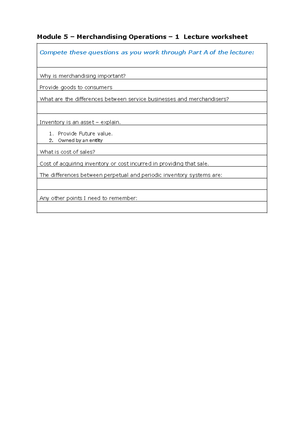 Module 5 Lecture worksheet 2024 - Module 5 – Merchandising Operations ...