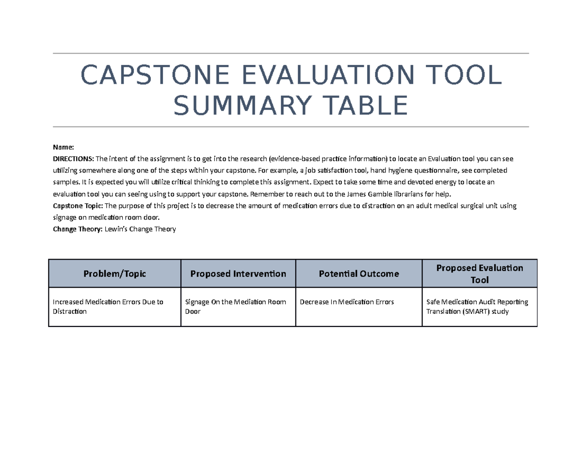 Capstone Evaluation Tool Summary Table - CAPSTONE EVALUATION TOOL ...