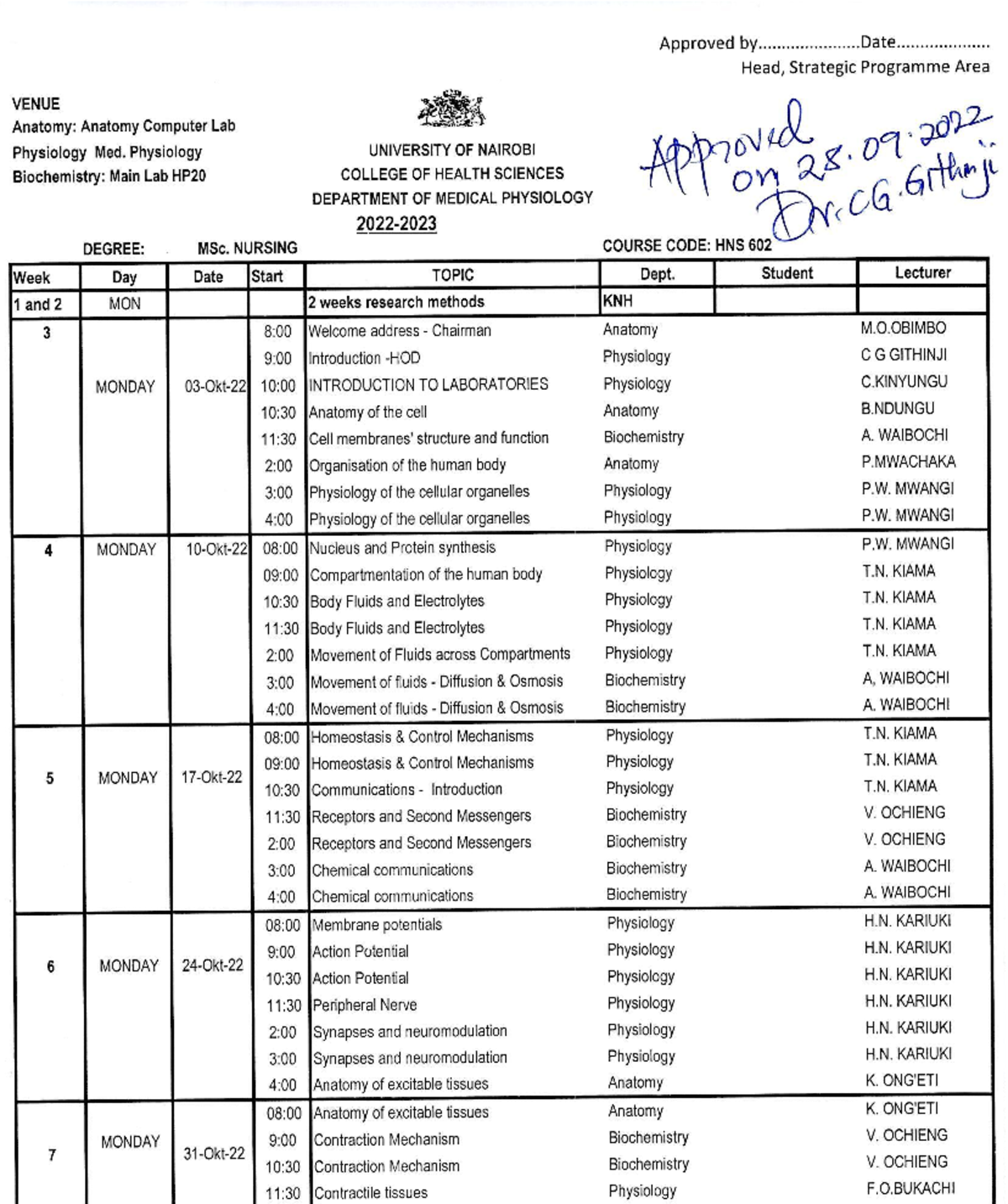 MSc N1 SEM 1 T. Schedule - 04.10.2022 0001 - anatomy and physiology ...