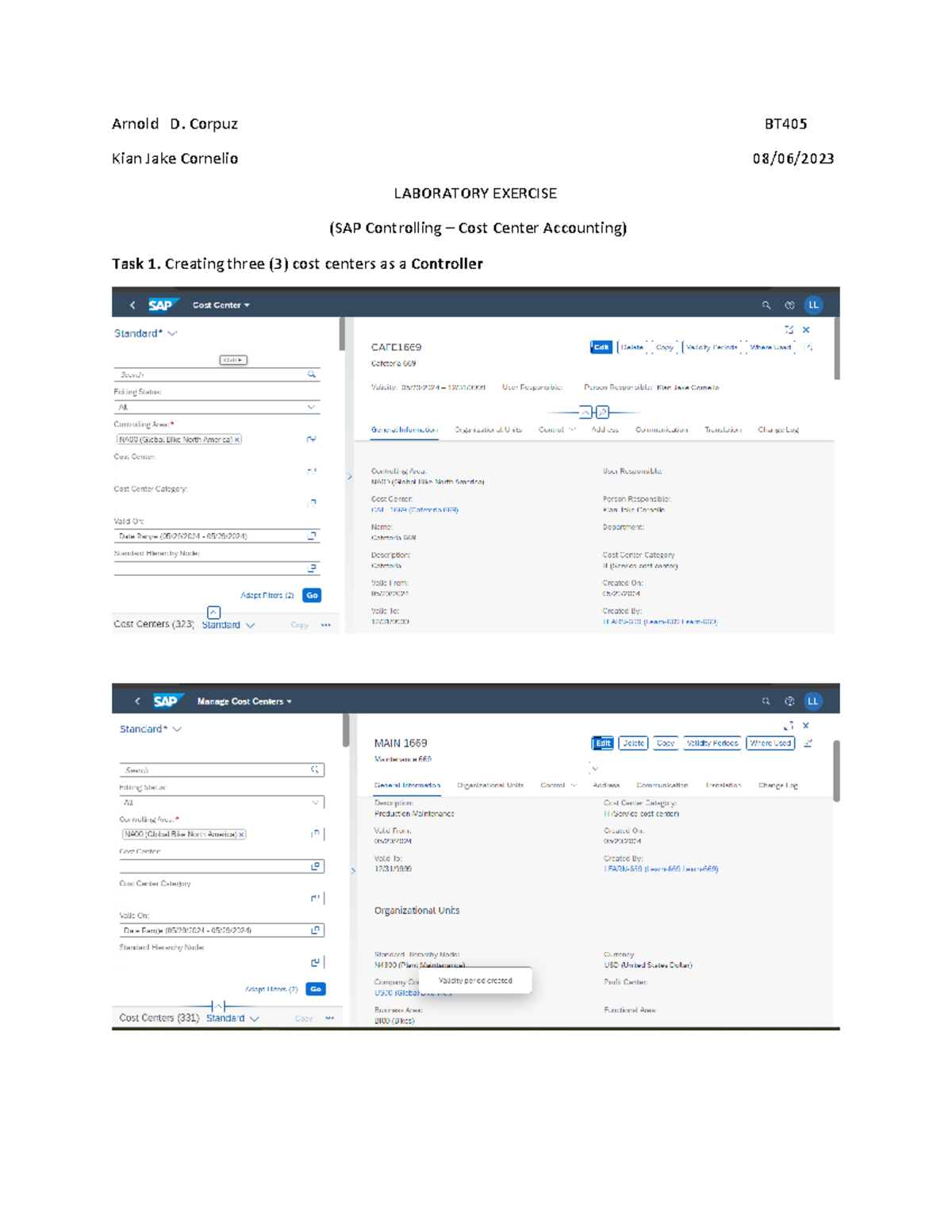 Sap - lab finals - Arnold D. Corpuz BT Kian Jake Cornelio 08 / 06 / LABORATORY EXERCISE (SAP ...