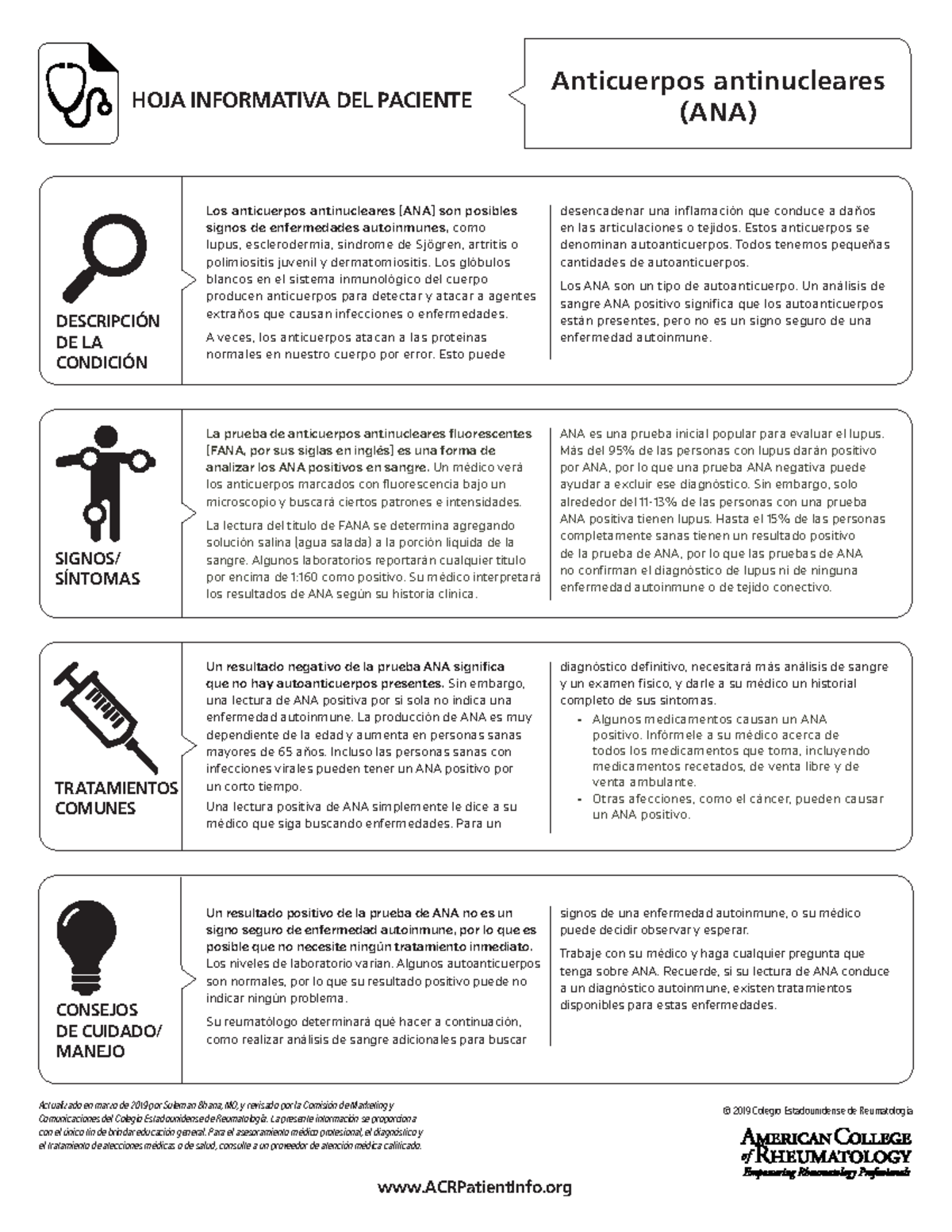 Anticuerpos Antinucleares ANA Fact Sheet - Actualizado en marzo de 2019 ...
