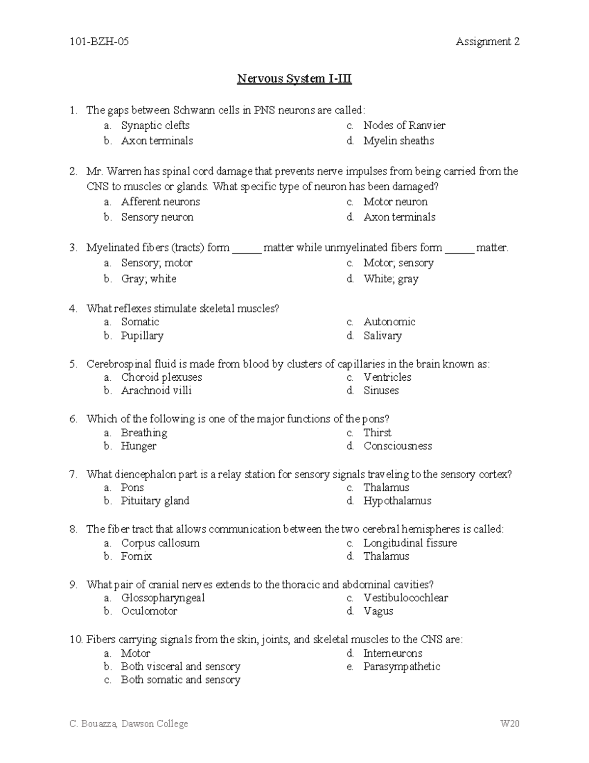 Nervous System Quiz - Studocu