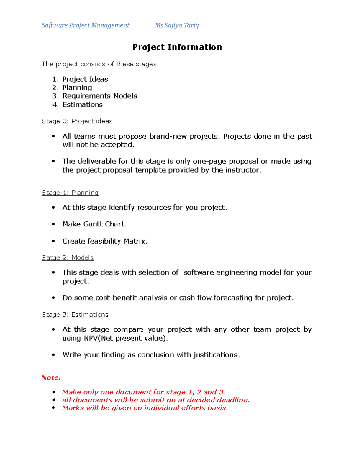 Project Information - Software Project Management Ms Sajiya Tariq ...