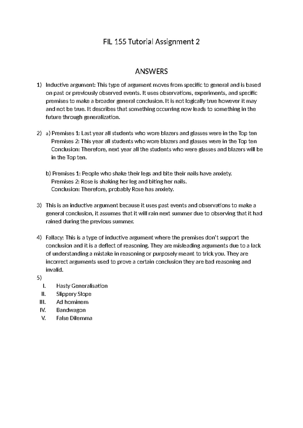 Fil 155 Tutorial Assignment 2 - FIL 155 Tutorial Assignment 2 ANSWERS 1) Inductive argument ...