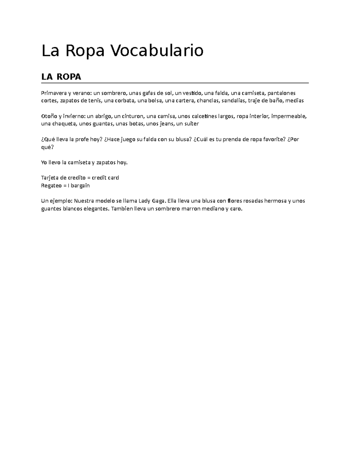 La Ropa Vocabulario - Tarjeta de credito = credit card Regateo = I ...