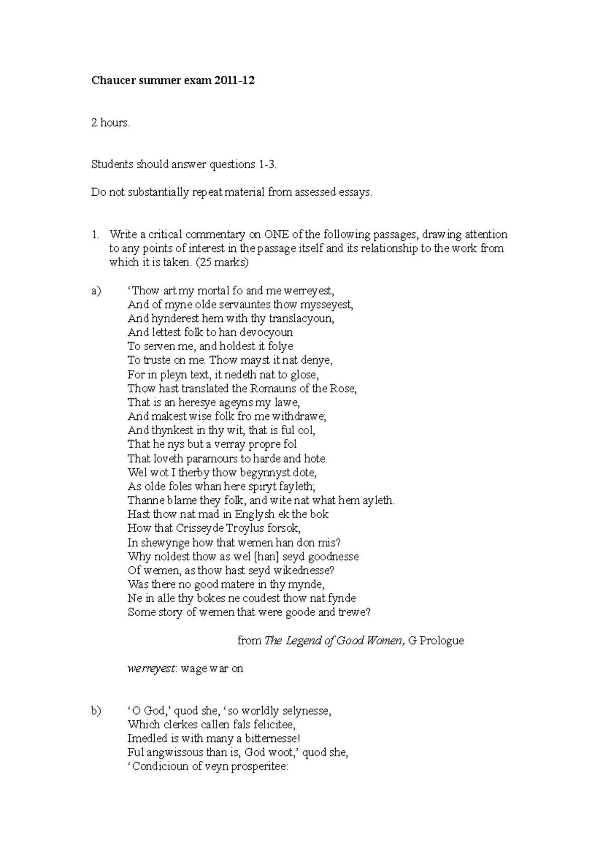 Exam 2012, questions - Chaucer summer exam 2011- 2 hours. Students ...