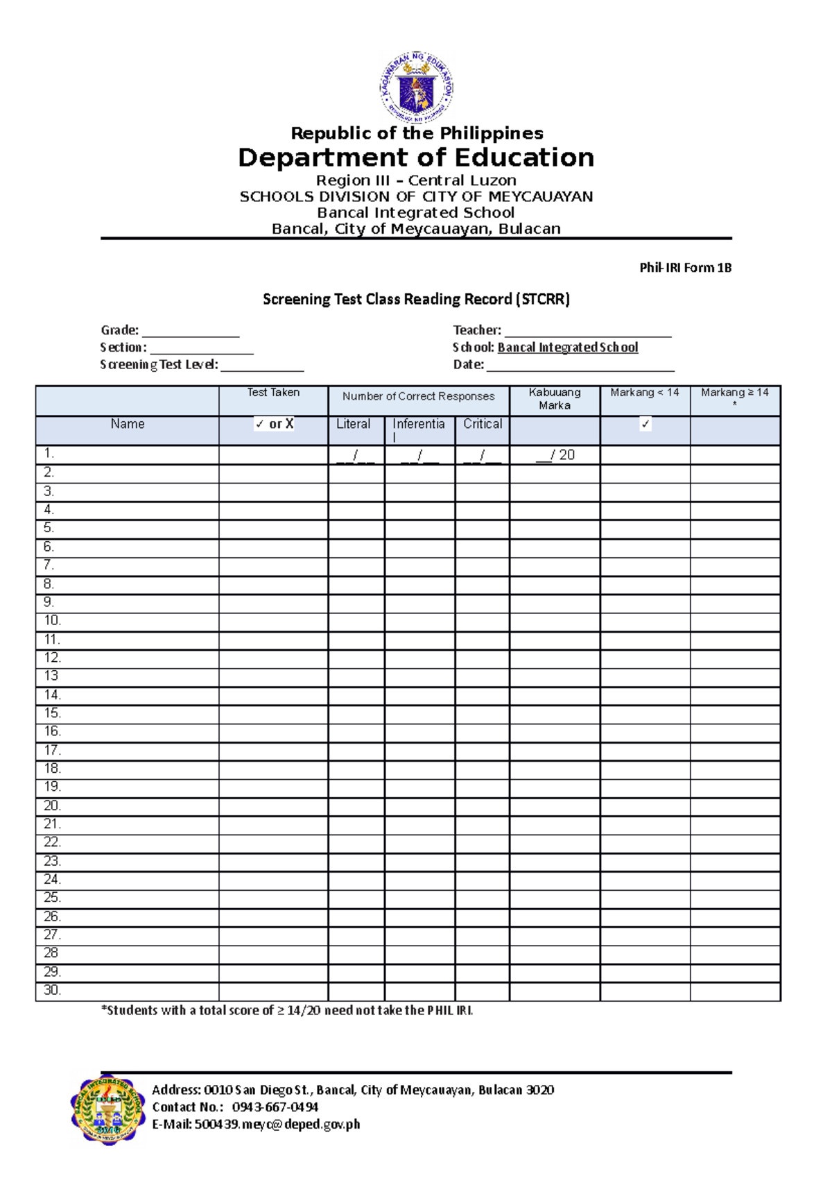 GST-FORM - Reading Assessment Form (Grafe 4-6) - Republic of the ...