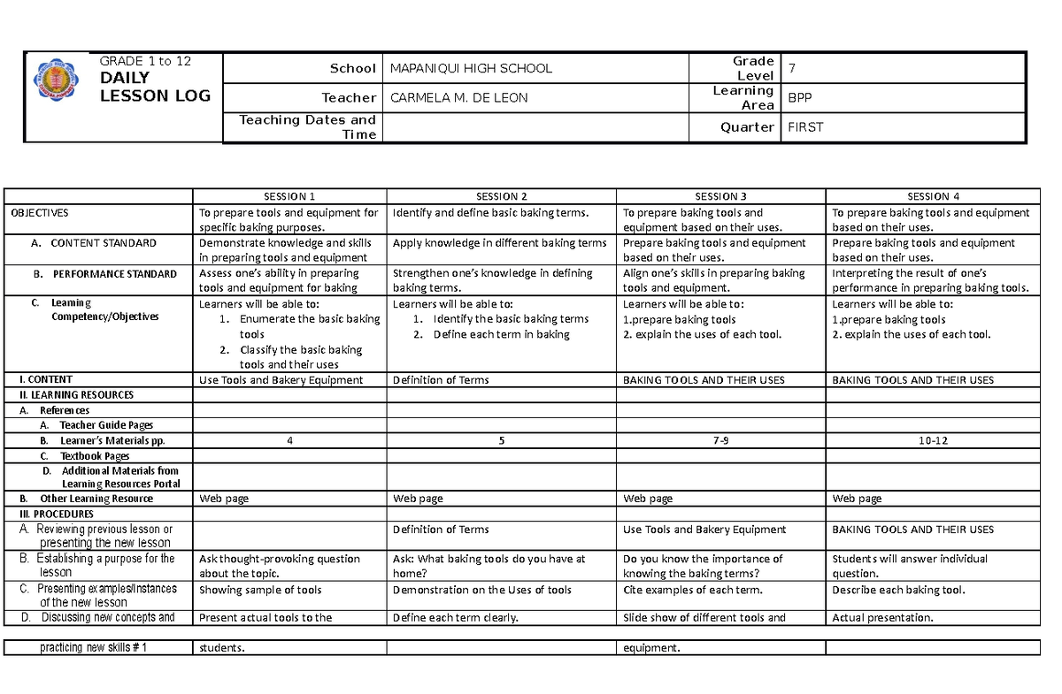 Dll-bread-and-pastry-g7-8 - GRADE 1 to 12 DAILY LESSON LOG School MAPANIQUI HIGH SCHOOL Grade ...