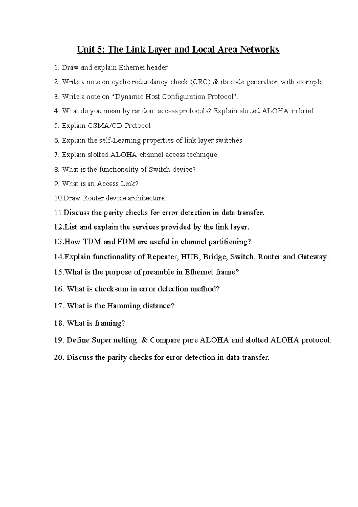 Unit 5 imp questions - Unit 5: The Link Layer and Local Area Networks 1. Draw and explain ...