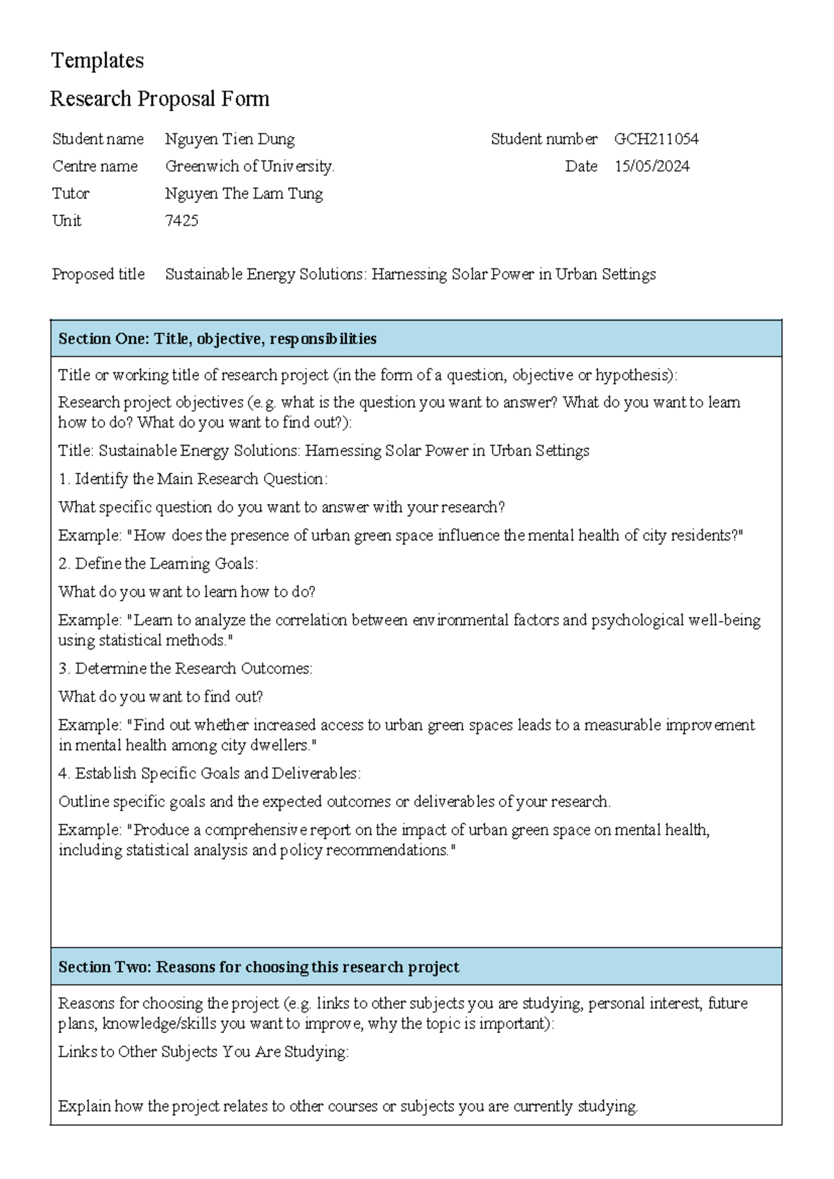 Research Proposal Form - Templates Research Proposal Form Student name ...