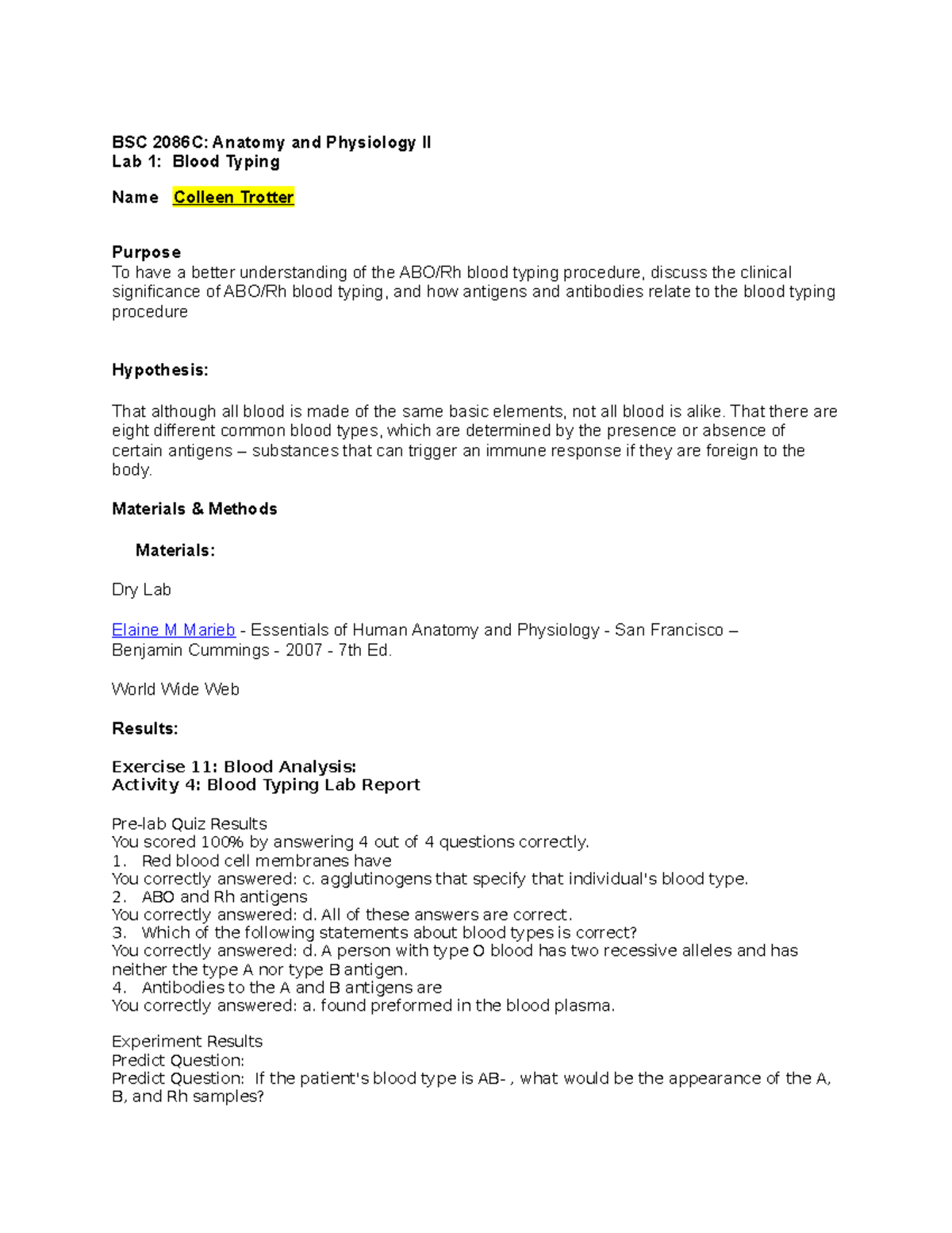 Lab 1 Blood Typing Colleen Trotter BSC 2086C Anatomy And Physiology