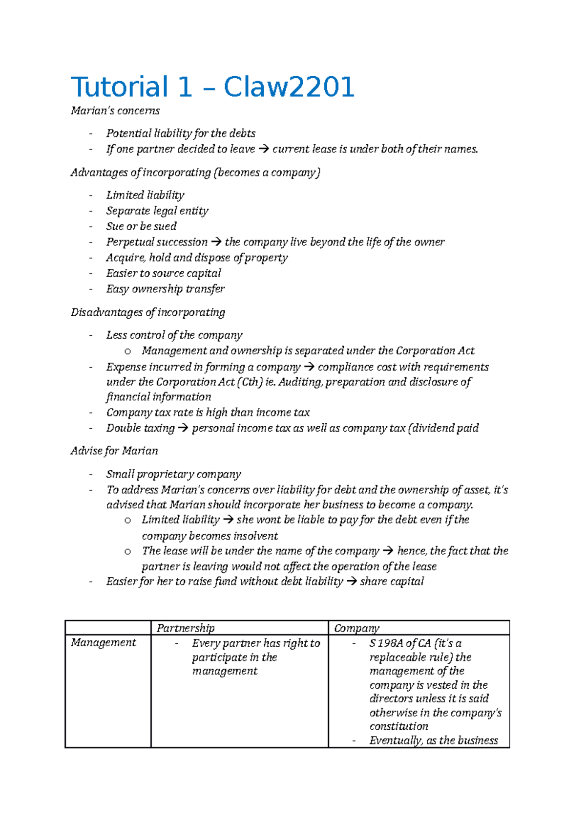 Tutorial notes - Tutorial 1 – Claw Marian’s concerns Potential ...
