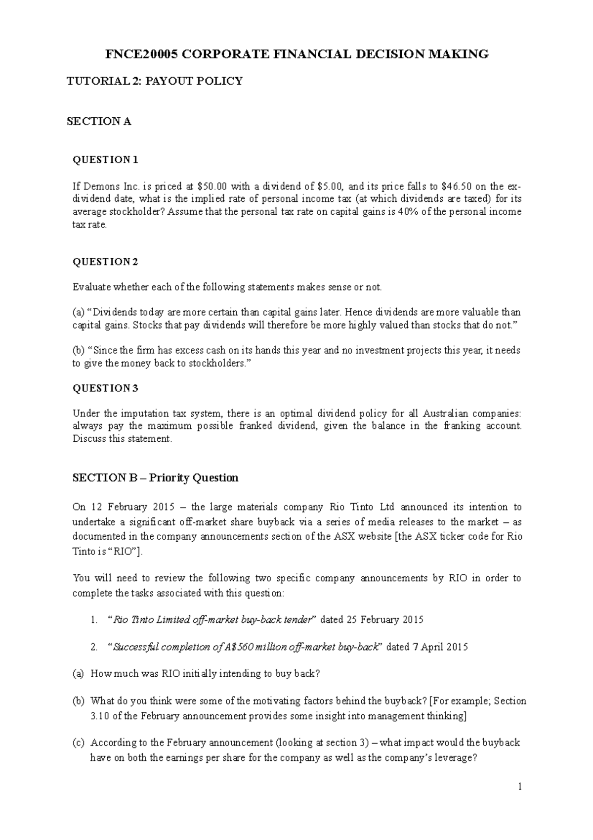 Tute 2 2023 - Tutorial Week 2 - 1 FNCE20005 CORPORATE FINANCIAL DECISION MAKING TUTORIAL 2 ...