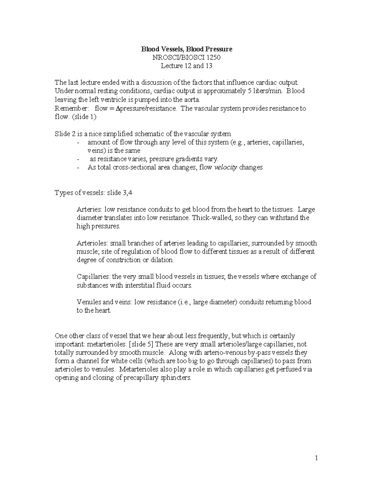 Lecture 12 and 13 notes - Blood Vessels, Blood Pressure NROSCI/BIOSCI ...