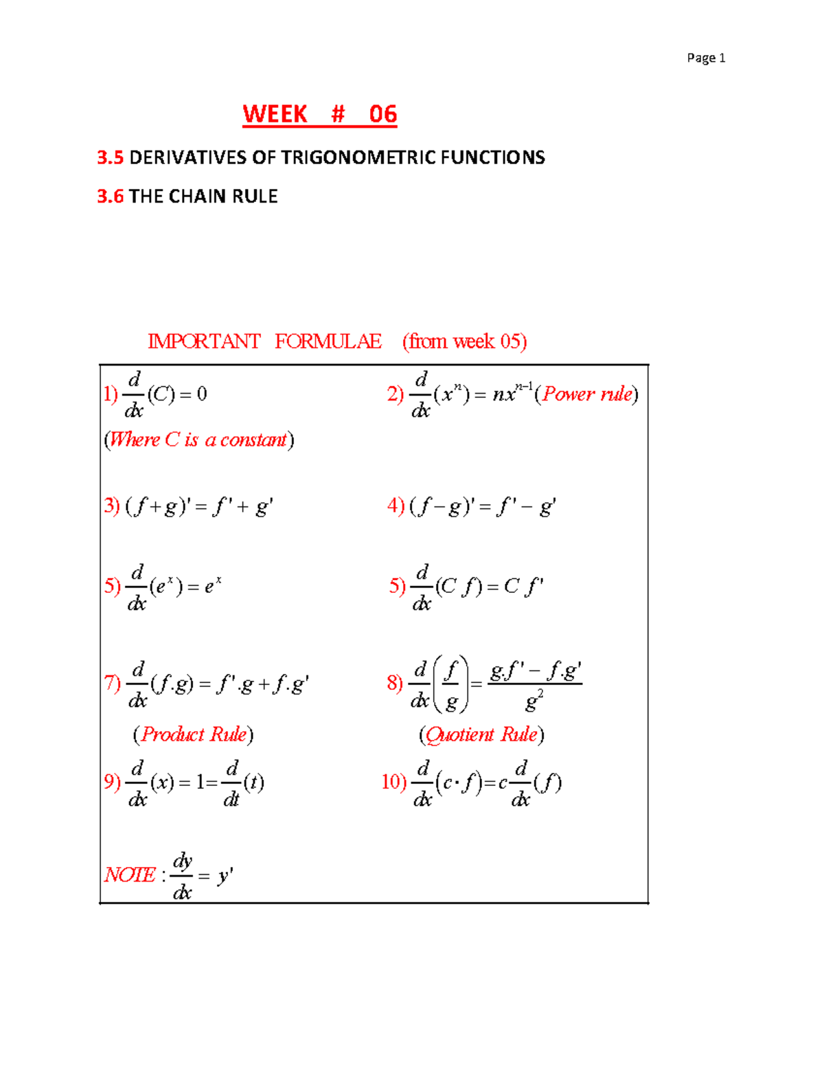 Der. of Trig Func. Chain rule - WEEK # 06 3 DERIVATIVES OF ...