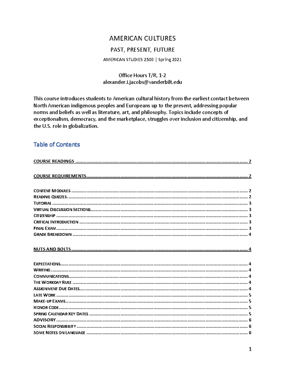 Syllabus - whole course - AMERICAN CULTURES PAST, PRESENT, FUTURE ...
