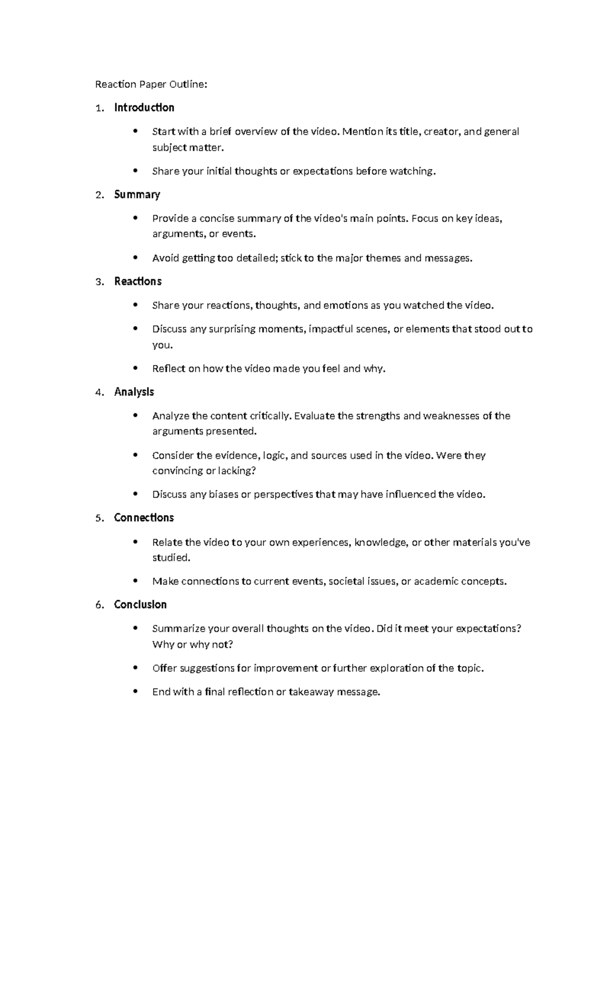 Reaction-Paper-Outline - Reaction Paper Outline: 1. Introduction Start ...