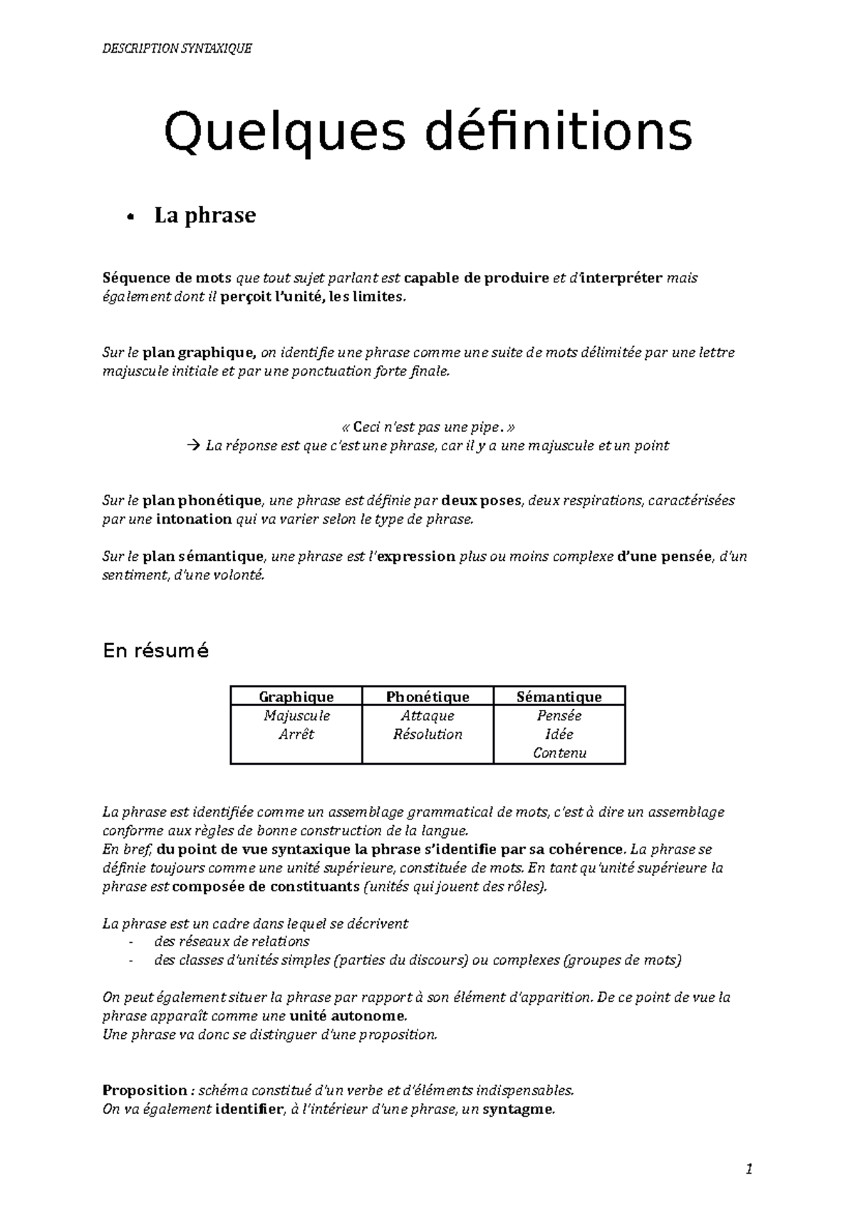Quelques définitions - DESCRIPTION SYNTAXIQUE Quelques La phrase de ...