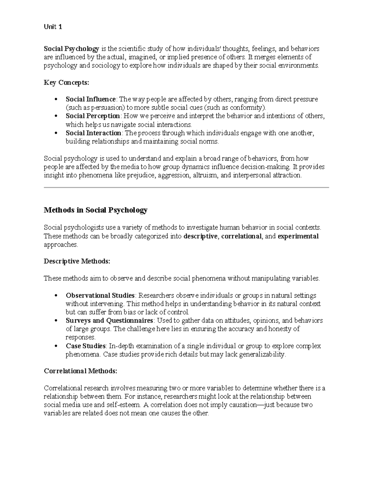 Unit 1 Lecture Notes Ch 1, 9,2,4 - Social Psychology is the scientific ...