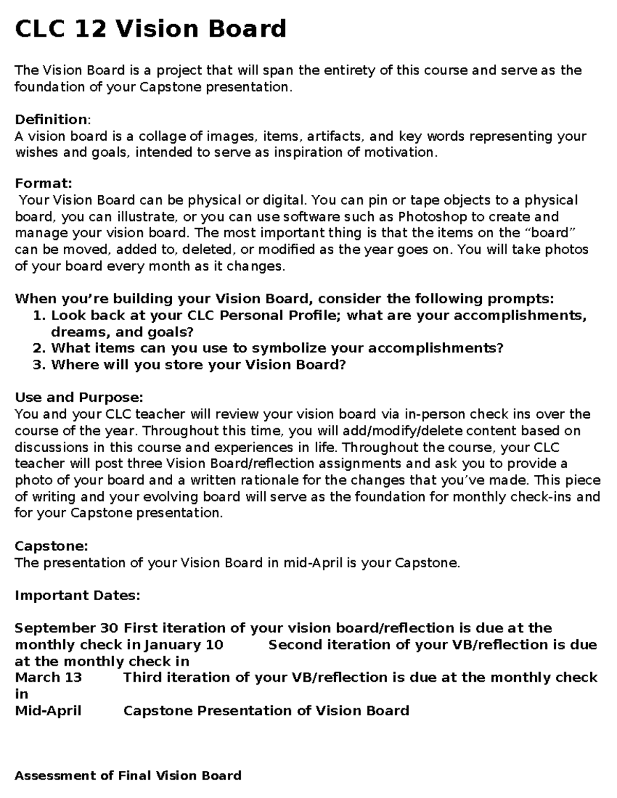 CLC 12 Vision Board - CLC 12 Vision Board The Vision Board is a project ...