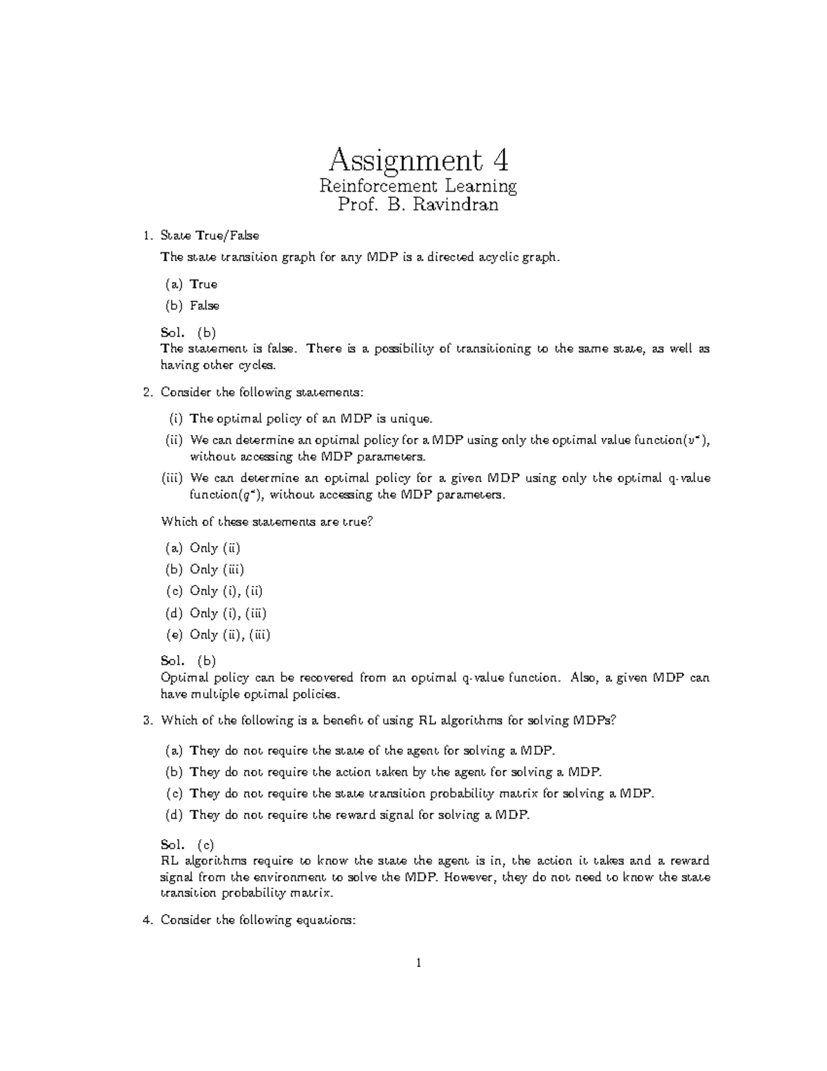 A4 - Reinforcement Learning - Assignment 4 Reinforcement Learning Prof. B. Ravindran State - Studocu