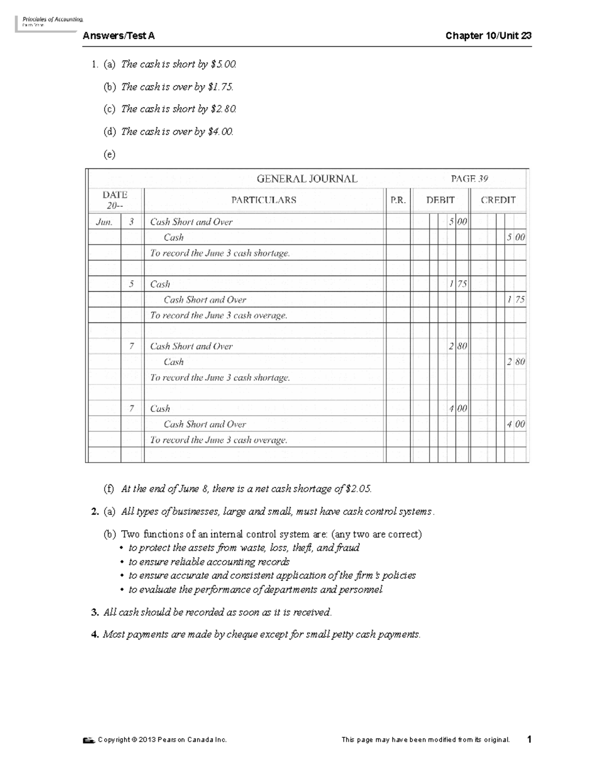 Unit 23 - Cash Control Quiz Answer KEY - Answers/Test A Chapter 10/Unit ...