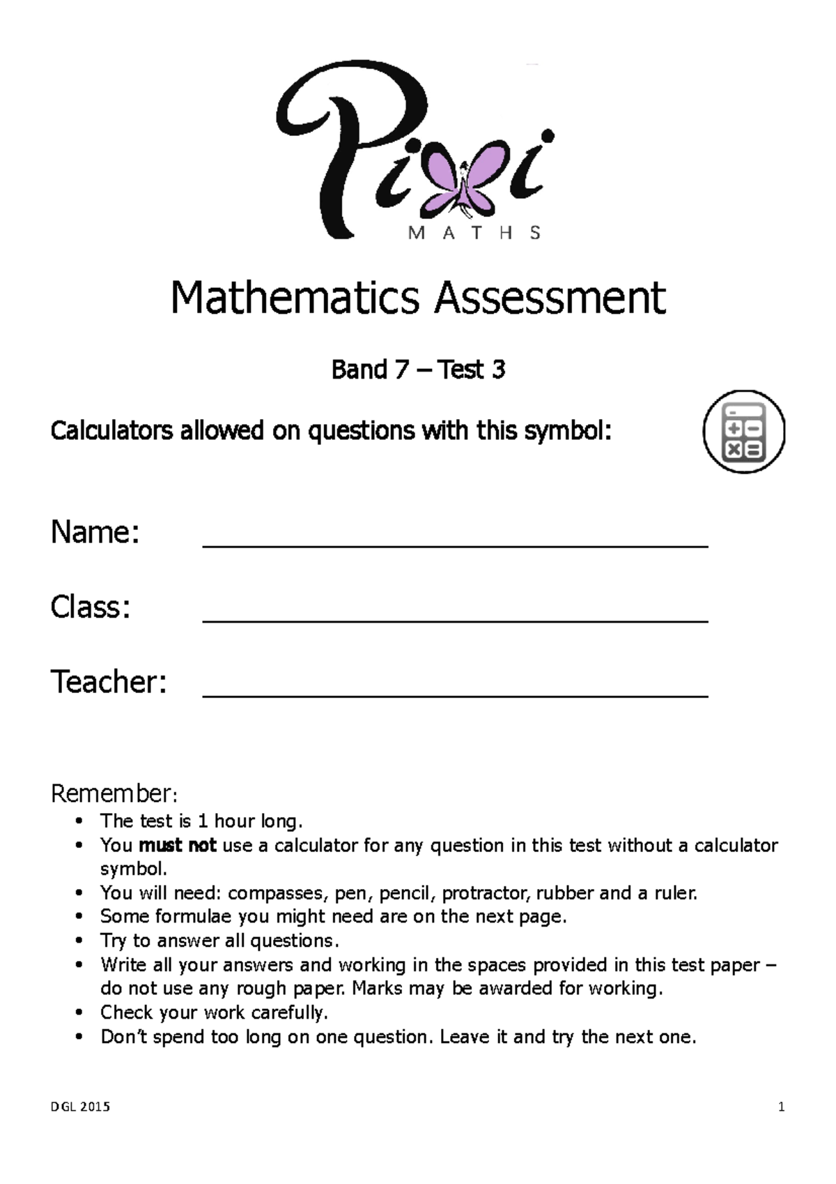 7 Test 3 - Baseline test - Mathematics Assessment Band 7 – Test 3 ...
