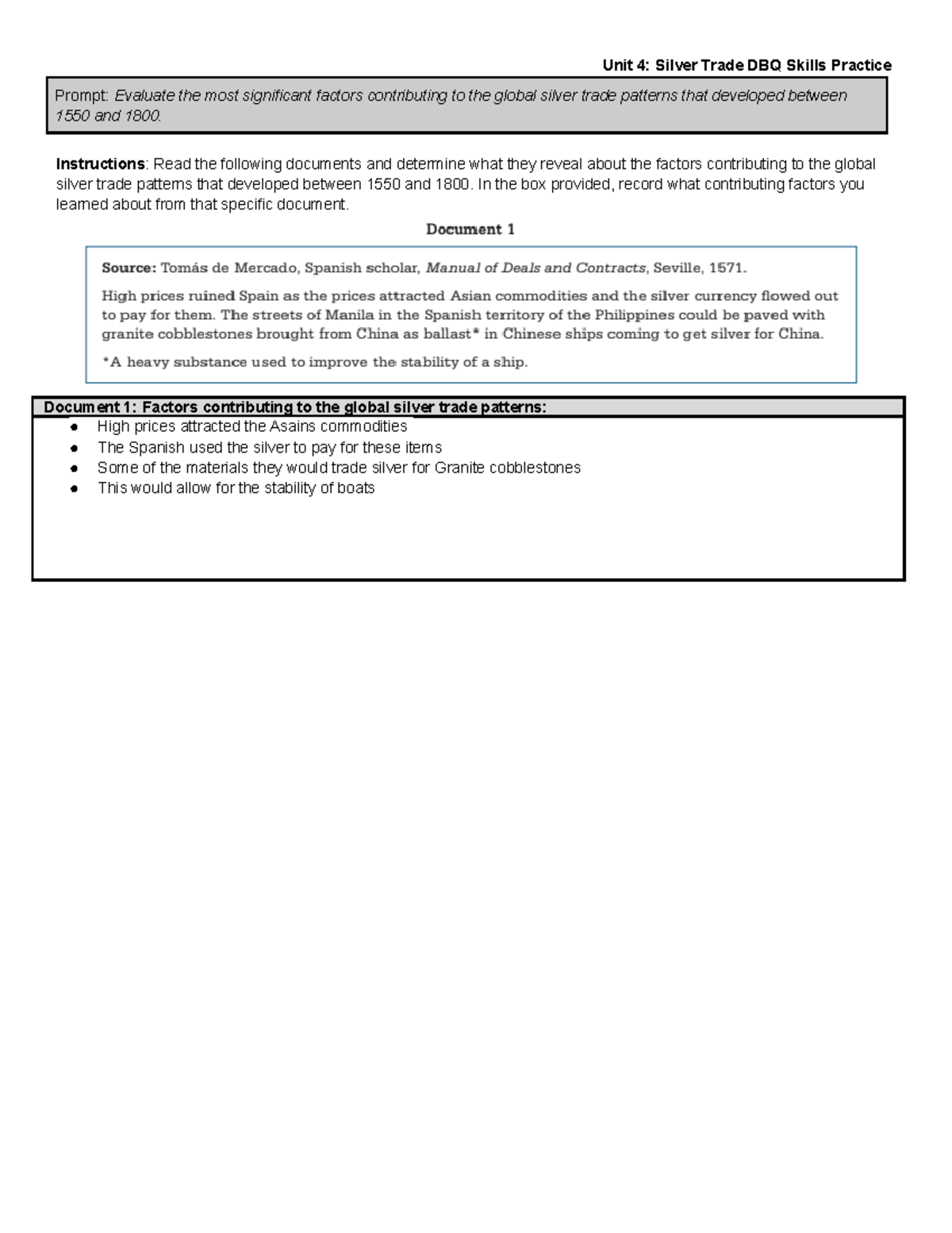 Marluis Santana - Silver DBQ - Unit 4: Silver Trade DBQ Skills Practice ...