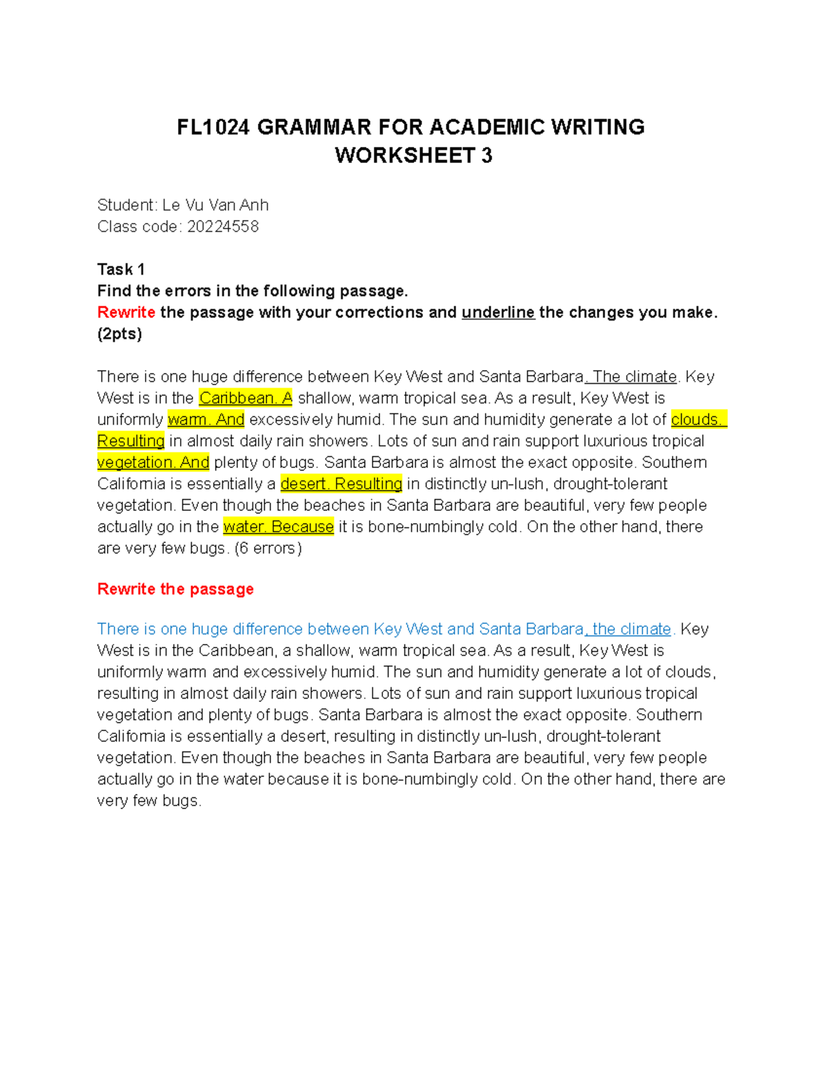 Worksheet 3 Sentence errors - FL1024 GRAMMAR FOR ACADEMIC WRITING ...