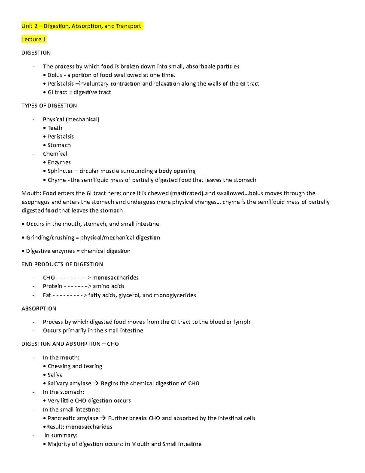 Unit 2 - Lecture 1 - Exam 2 - Unit 2 – Digestion, Absorption, and ...