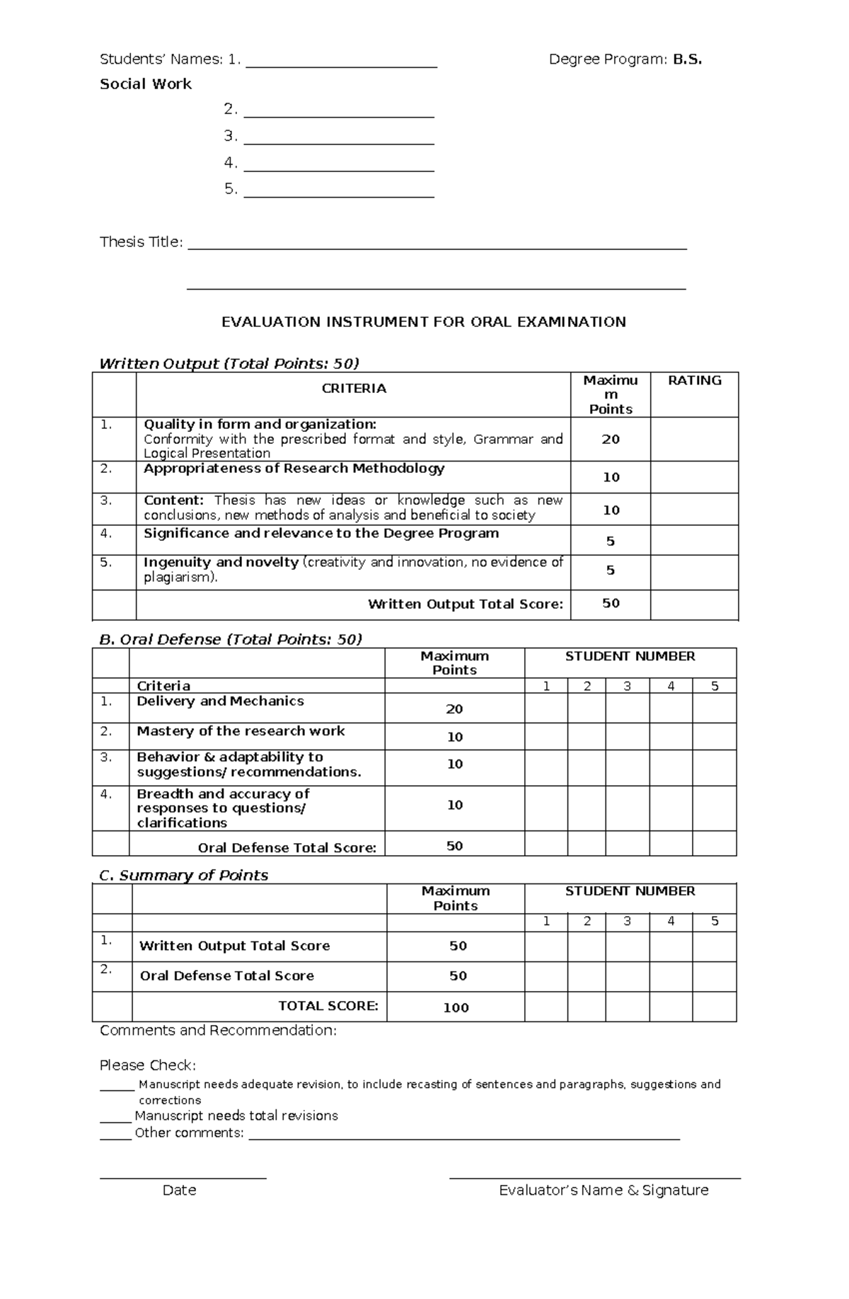 Evaluation Instrument for Oral Defense - Students’ Names: 1 ...