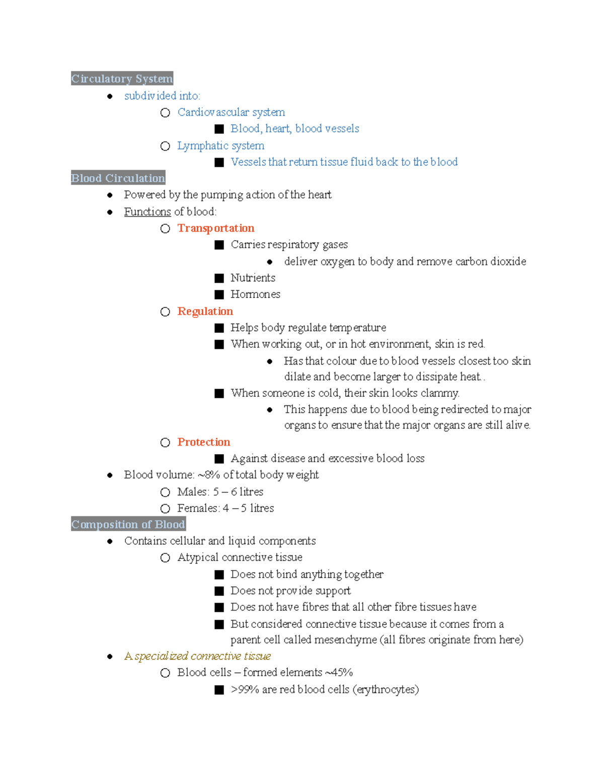 Chapter 18 Blood - Lecture notes 18 - Circulatory System subdivided ...