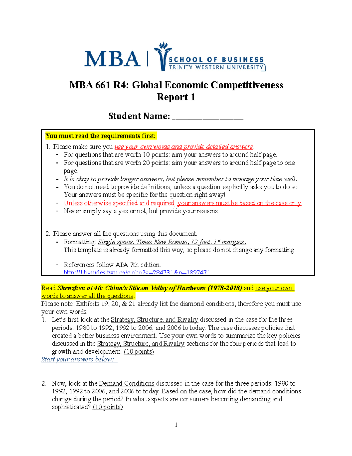 Report 1 - aaa - MBA 661 R4: Global Economic Competitiveness Report 1 ...