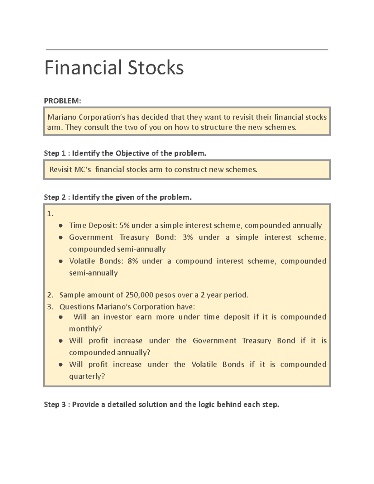 Financial Stocks - Financial Stocks PROBLEM: Mariano Corporation’s has ...