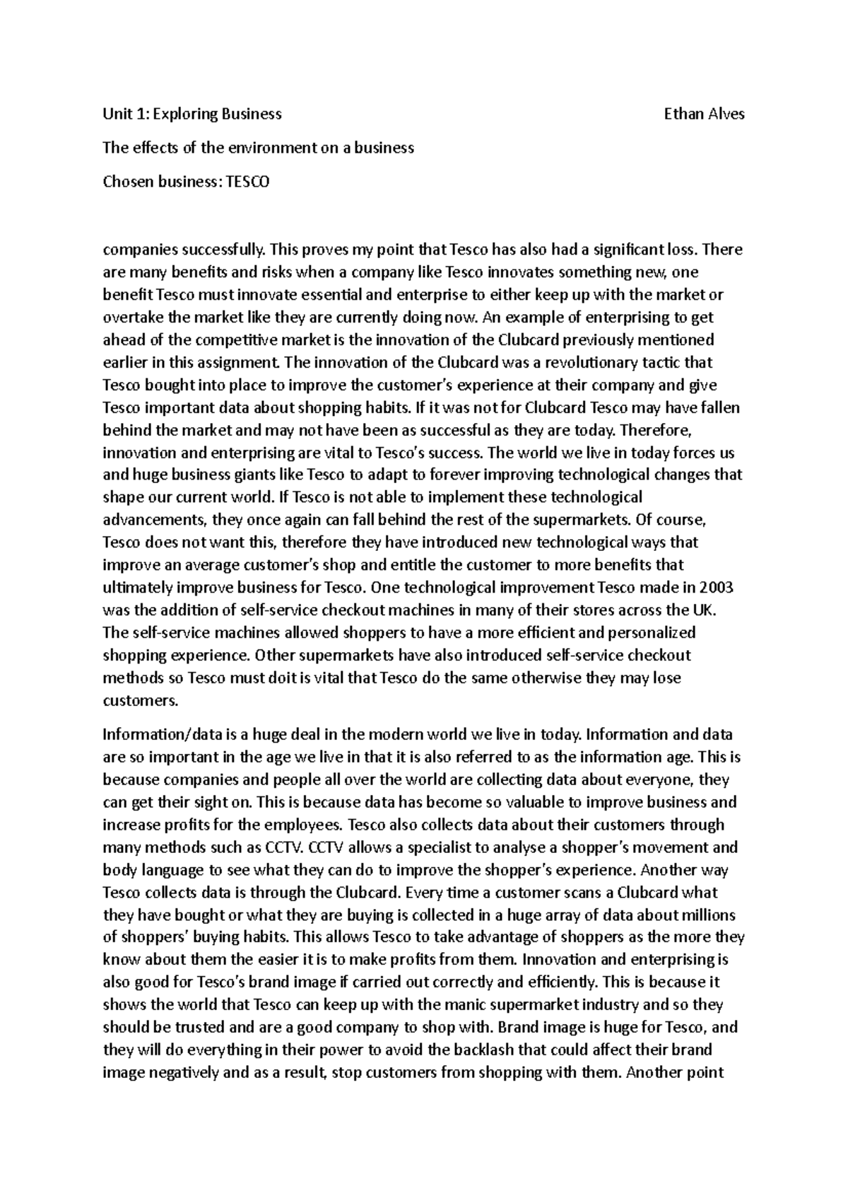 Unit 1 exploring business - Unit 1: Exploring Business Ethan Alves The ...