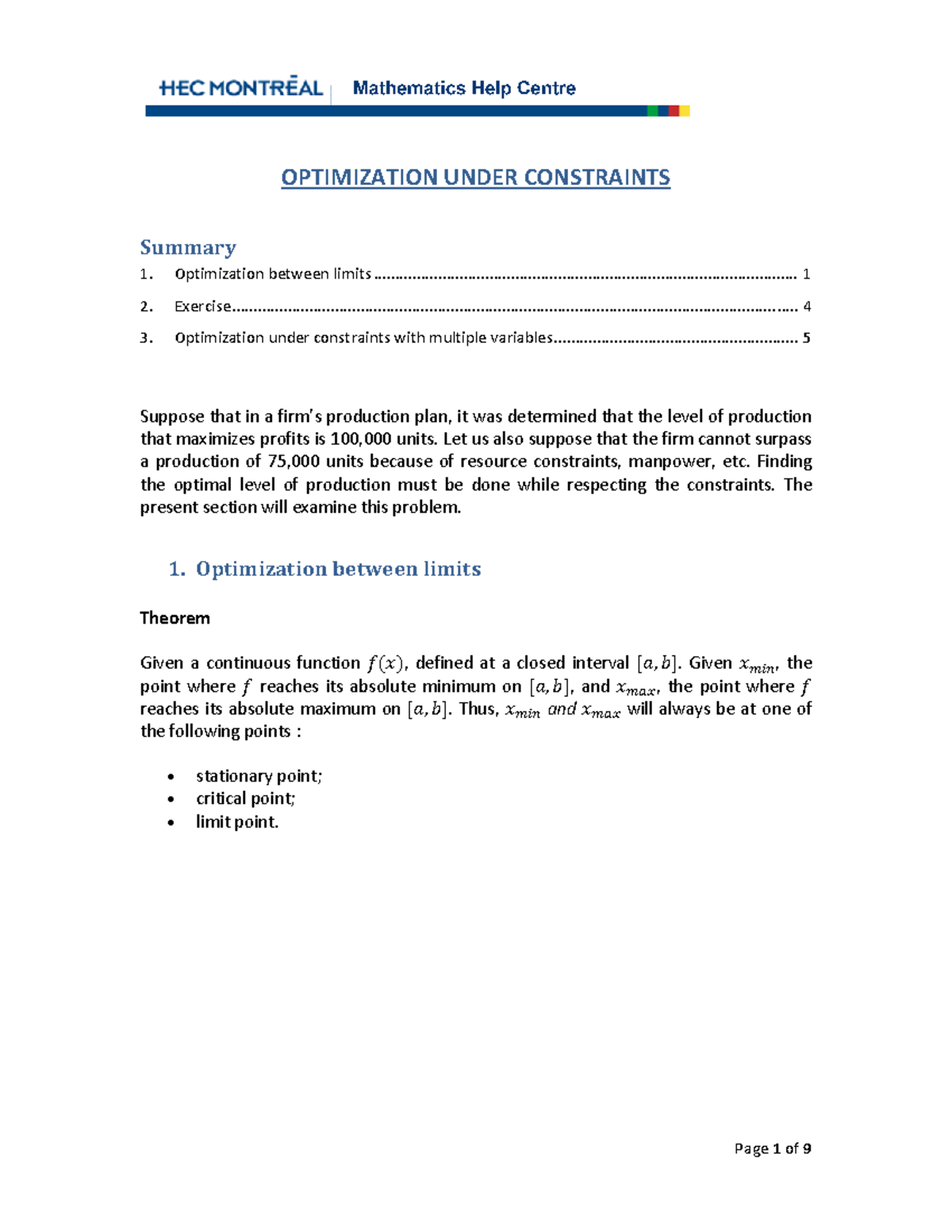 Optimization under constraints - OPTIMIZATION UNDER CONSTRAINTS Summary ...