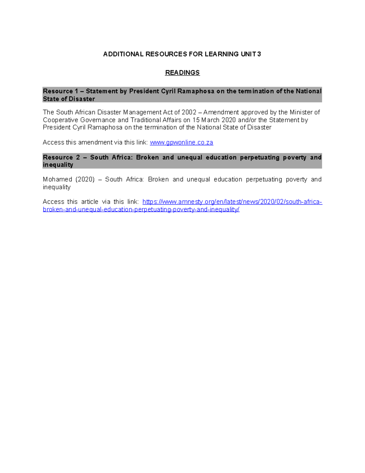 Readings For Learning Unit 3 - ADDITIONAL RESOURCES FOR LEARNING UNIT 3 ...